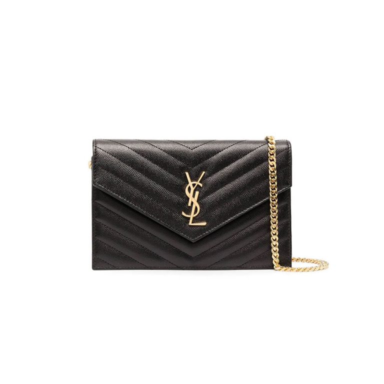 Saint Laurent Chain-strap YSL-plaque grained-leather wallet – YUTULU