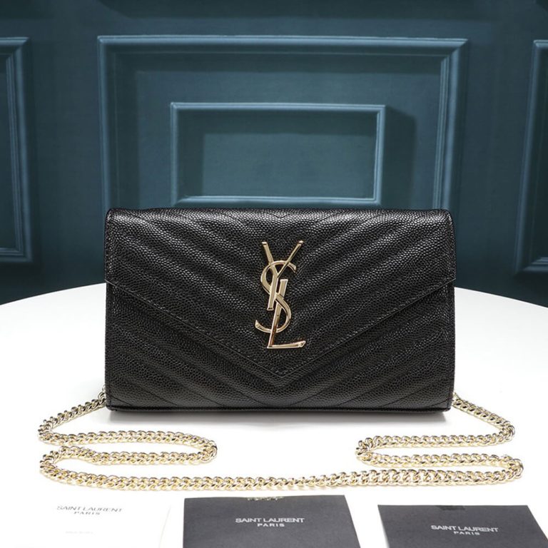 Saint Laurent Chain-strap YSL-plaque grained-leather wallet – YUTULU